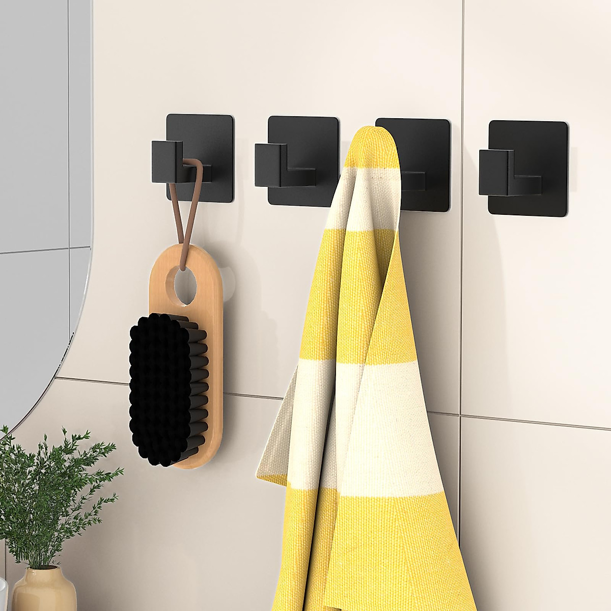 HUFEEOH Adhesive Towel Hooks, 4 Pack Sticky Hooks for Hanging Heavy Duty, Coat Towel Hooks Wall Hooks for Bathroom Kitchen Hotel (Black)