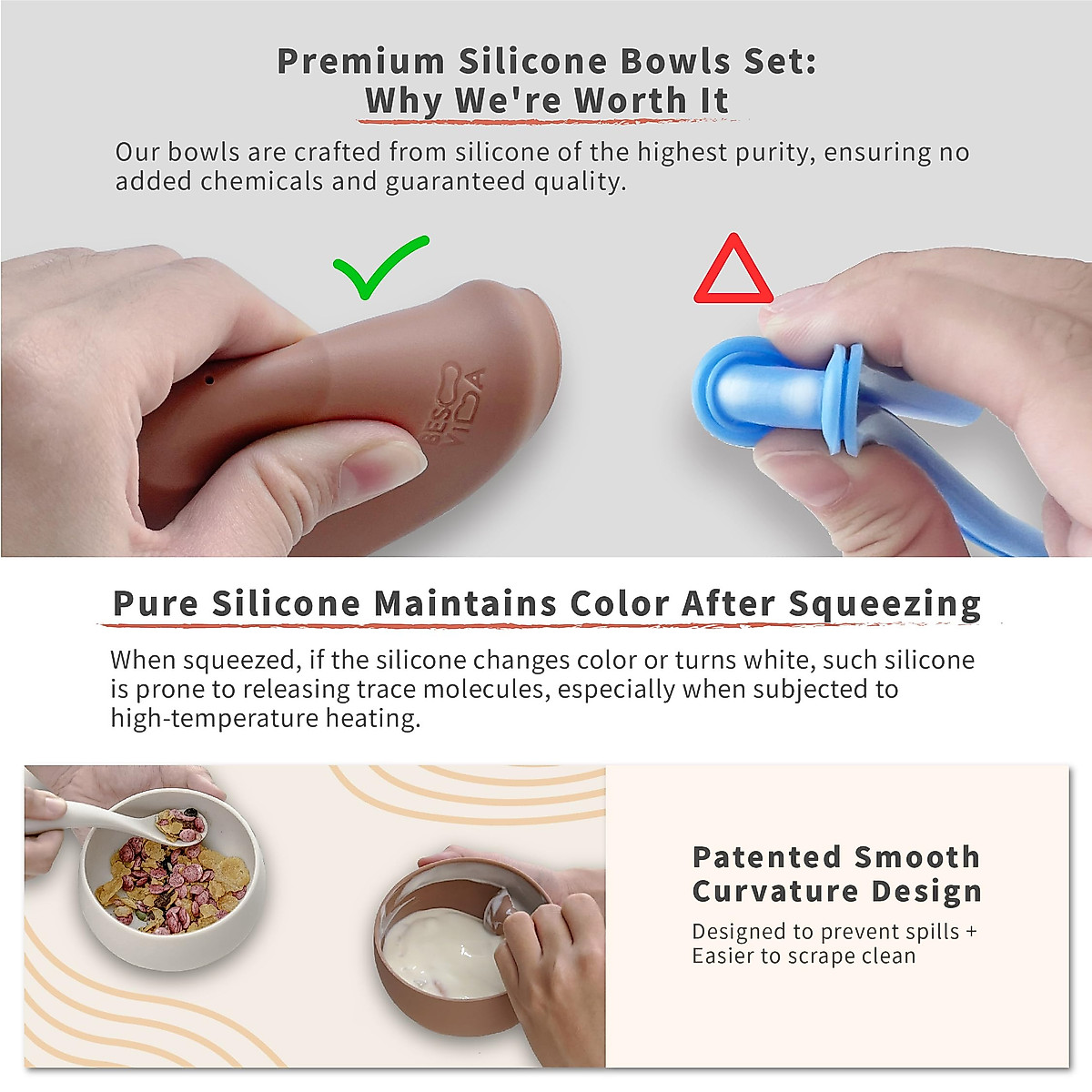 Beso Vida Silicone Bowl Set of 3 with Lids – Multi-Size, Leak-Proof, BPA-Free Food Storage Containers | Freezer, Microwave & Oven Safe | Ideal for Meal Prep, Baby Food & Leftovers (Rocky Gray)