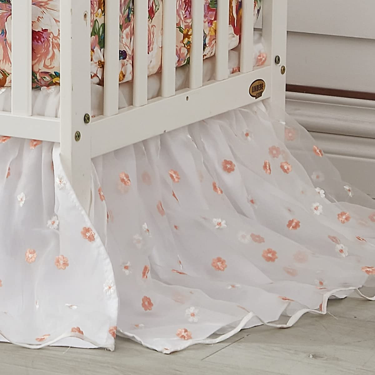 Brandream Crib Bedding Sets for Girls | 3-Piece Cotton Nursery Baby Bedding Set | Shimmering Floral Comforter, Crib Sheet, Embroidered Flowers Tulle Lace Crib Bed Skirt, Blush Pink