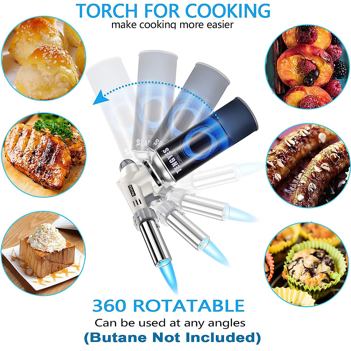 Blow Torch Kitchen Butane Lighter - Culinary Torch Chef Cooking Torch Professional Adjustable Flame with 360 Degree Inverted for Creme, Brulee, BBQ, Baking, Jewelry by TENGYES (Butane Not Included)