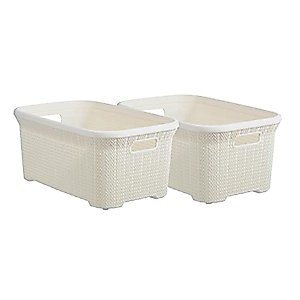 Plastic Laundry Basket Small Storage Hamper Basket, 2 Pack Cream Cloths Basket Organizer with Cut-Out Handles. Space Saving for Laundry Room Bedroom Bathroom, Knit Design 40 Liter.