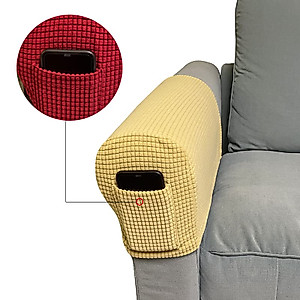 BADASS SHARKS Stretch Armrest Covers Couch Arm Covers Pocket Set for Chairs Couch Sofa Armchair Slipcovers for Recliner Sofa with Twist Pins 2pcs (Beige)