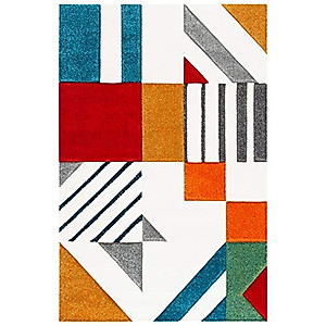 SAFAVIEH Hollywood Collection Accent Rug - 4' x 6', Ivory & Peacock Blue, Mid-Century Modern Design, Non-Shedding & Easy Care, Ideal for High Traffic Areas in Entryway, Living Room, Bedroom (HLW709B)