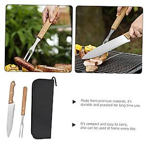 Happyyami 4 Sets barbecue and fork tools cooking grilling cutter brisket slicing stainless steel bbq tools outdoor tableware outdoor bbq fork travel portable wooden handle