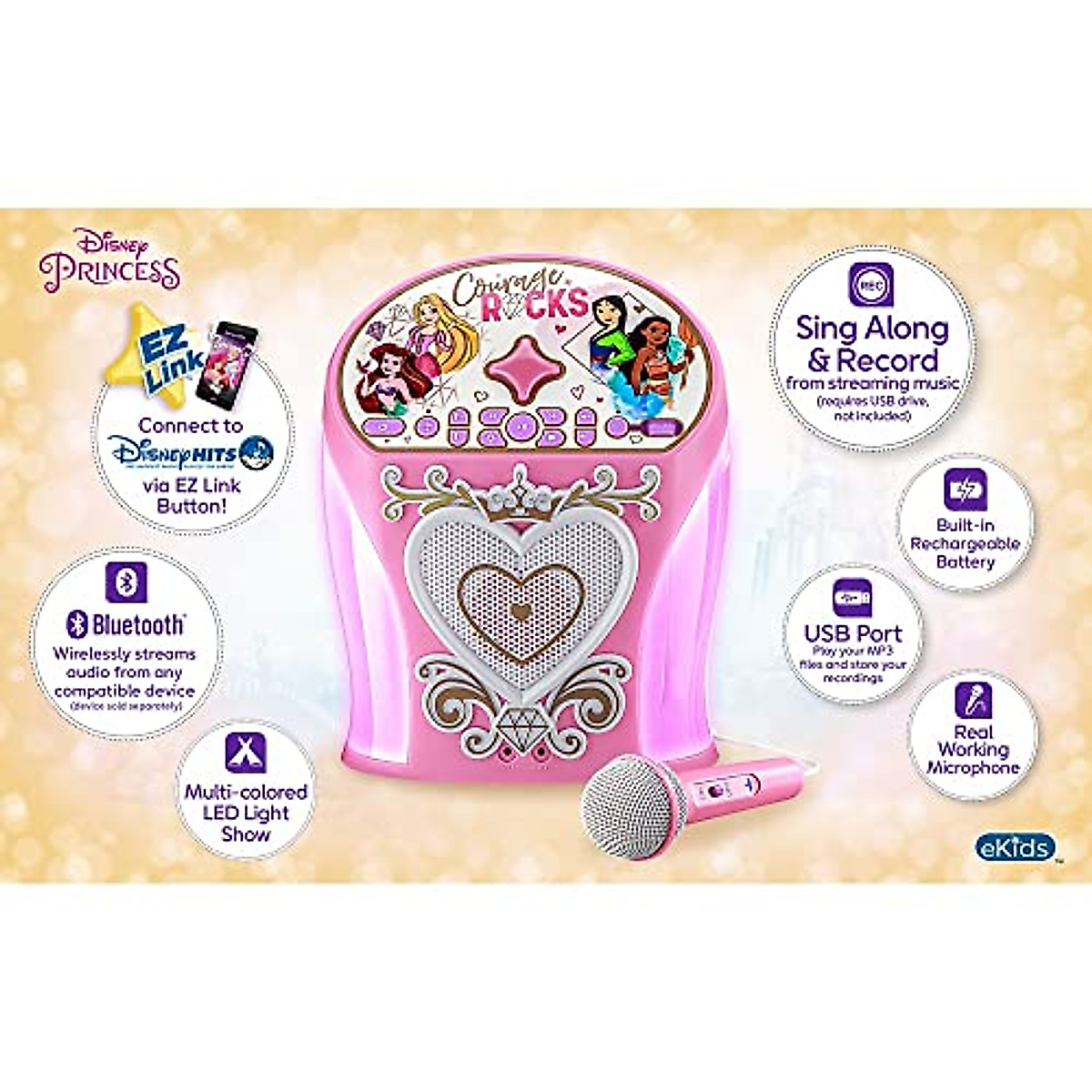 eKids Disney Princess Karaoke Machine, Easily Access Disney Playlists with New EZ Link Feature