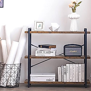 HCHQHS Bookshelf, 3-Tier Industrial Bookcase, Rustic Open Book Shelf, Wood and Metal Horizontal Bookshelves