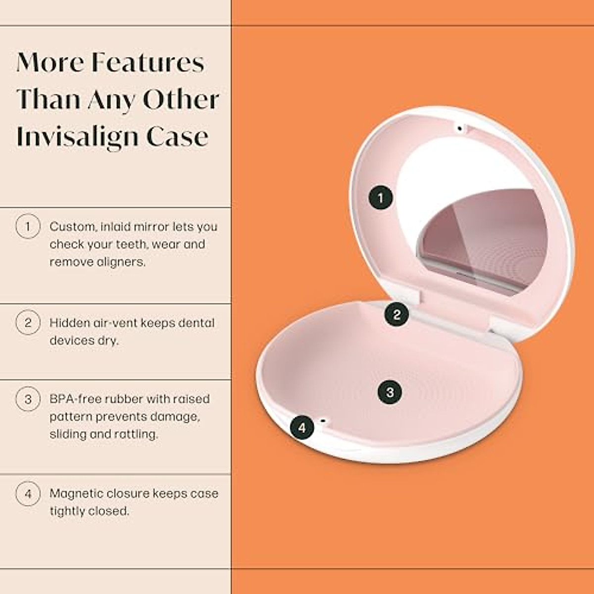Retayn Aligner/Retainer Case with Built-In Mirror & Magnetic Lock - Premium Silicone-Lined Case Holder with Vent Holes for Aligners, Retainers, Mouth Guards (White & Blush)