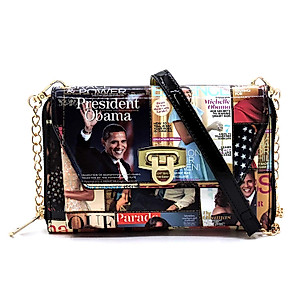 Amy & Joey Glossy Magazine Cover Collage Michelle Obama Printed Crossbody Wallet Clutch Bags with Flap and Zip Around Closure (Single Zip-Multi/Black)