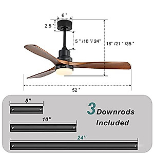 Sofucor 52 Inch Wood Ceiling Fan With Lights Remote Control Dimmable LED Light 3 Walnut Fan Blades Reversible DC Motor Modern Ceiling Fan with 3 Downrods(5 inch/10 inch/24 inch) for Farmhouse/Patios