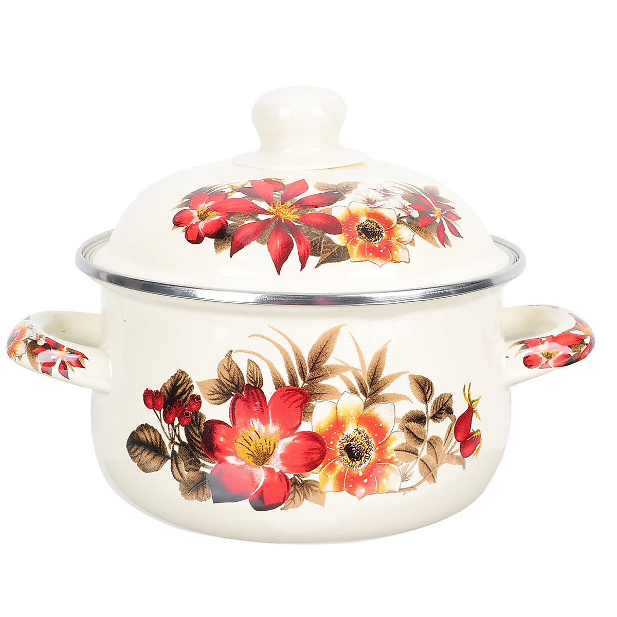 YARNOW Retro Flower Enamel Stew Stockpot-Random Pattern- Non- Stick Ceramic Coated Low Stockpot Stew Pot with Lid 16cm Quart Stockpots Soup Casserole Pasta Milk Sauce Pot for Home Kitchen Cooking
