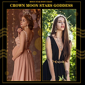 Cunno 3 Pieces Crown Earrings for Women Belt Chain Set Stars Crown Drop Earrings Moon Star Body Chain Belt (Elegant)