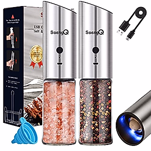 Gravity Electric Salt and Pepper Grinder Set of 2,USB Rechargeable Kitchen Electric Pepper Mill with Adjustable Grinder and LED Light,Tall Glass Salt and Pepper Grinders Refillable