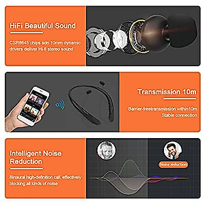 Bluetooth Retractable Neckband Headphones, Wireless Headset Retractable Earphones Noise Cancelling Sweatproof Stereo Earbuds with Mic by NVOPERANG