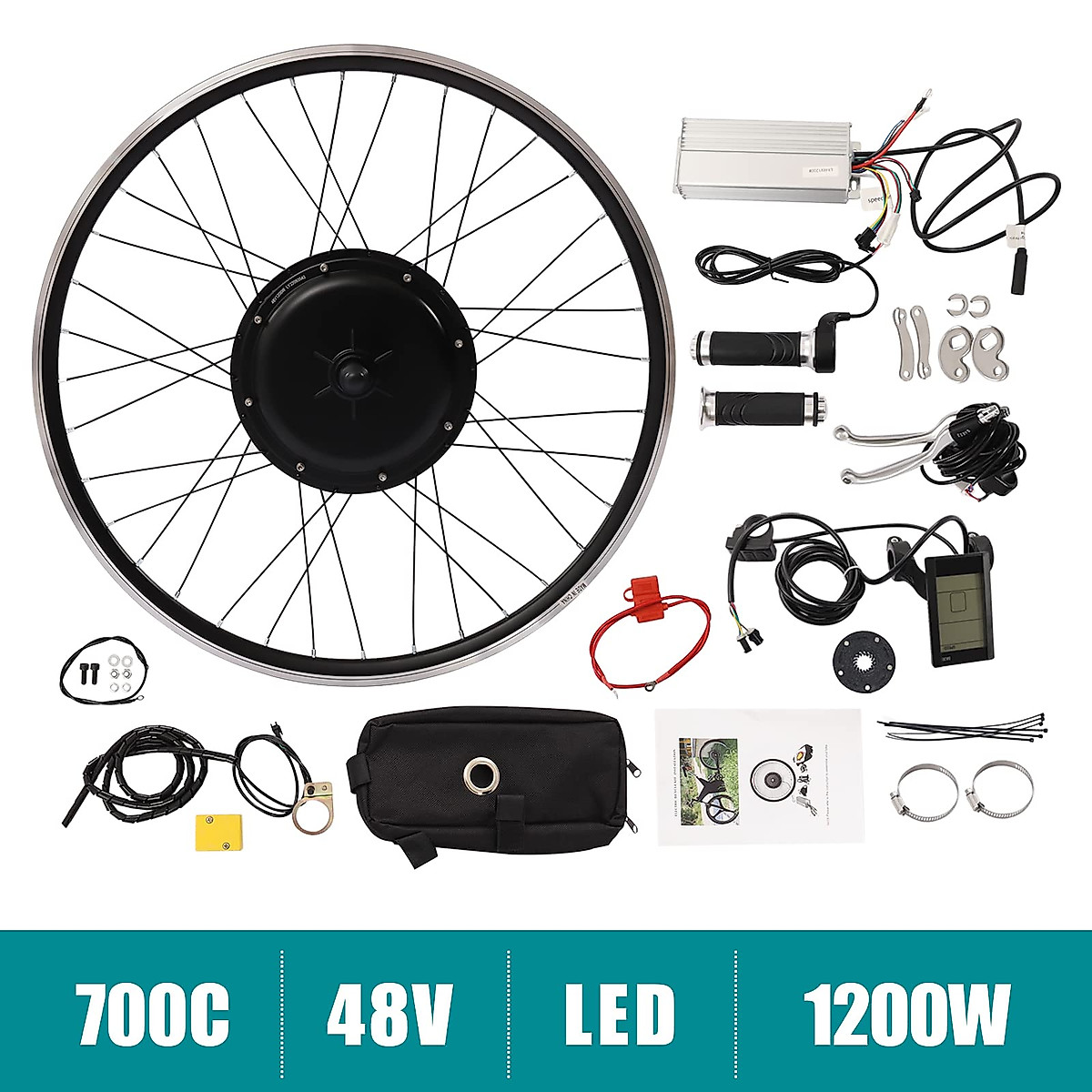RIAHNEAH 700CC 48V E-Bicycle Conversion Kit, 1200W Front Wheel Electric Bicycle Pedal Assist Sensor Hub Conversion Kit, Motor Kit Universal Motor Wheel Kit with LCD Instrument