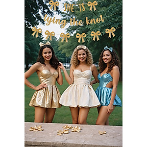 She Is Tying The Knot Bow Bridal Shower Party Banner Garland for Golden Coquette Bachelorette Party Decorations,Glitter Bow Theme Party Decor Supplies