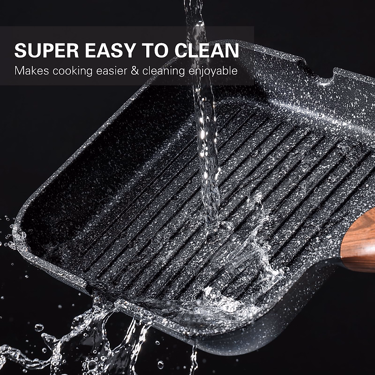 Kordisen Nonstick Grilling Pan for Stove Tops, 9.5 Inch Square Grill Pan for Indoor Cooking, Granite Coating Grill Skillet with Pour Spouts, Versatile Griddle, Induction Steak Pan, PFOA Free