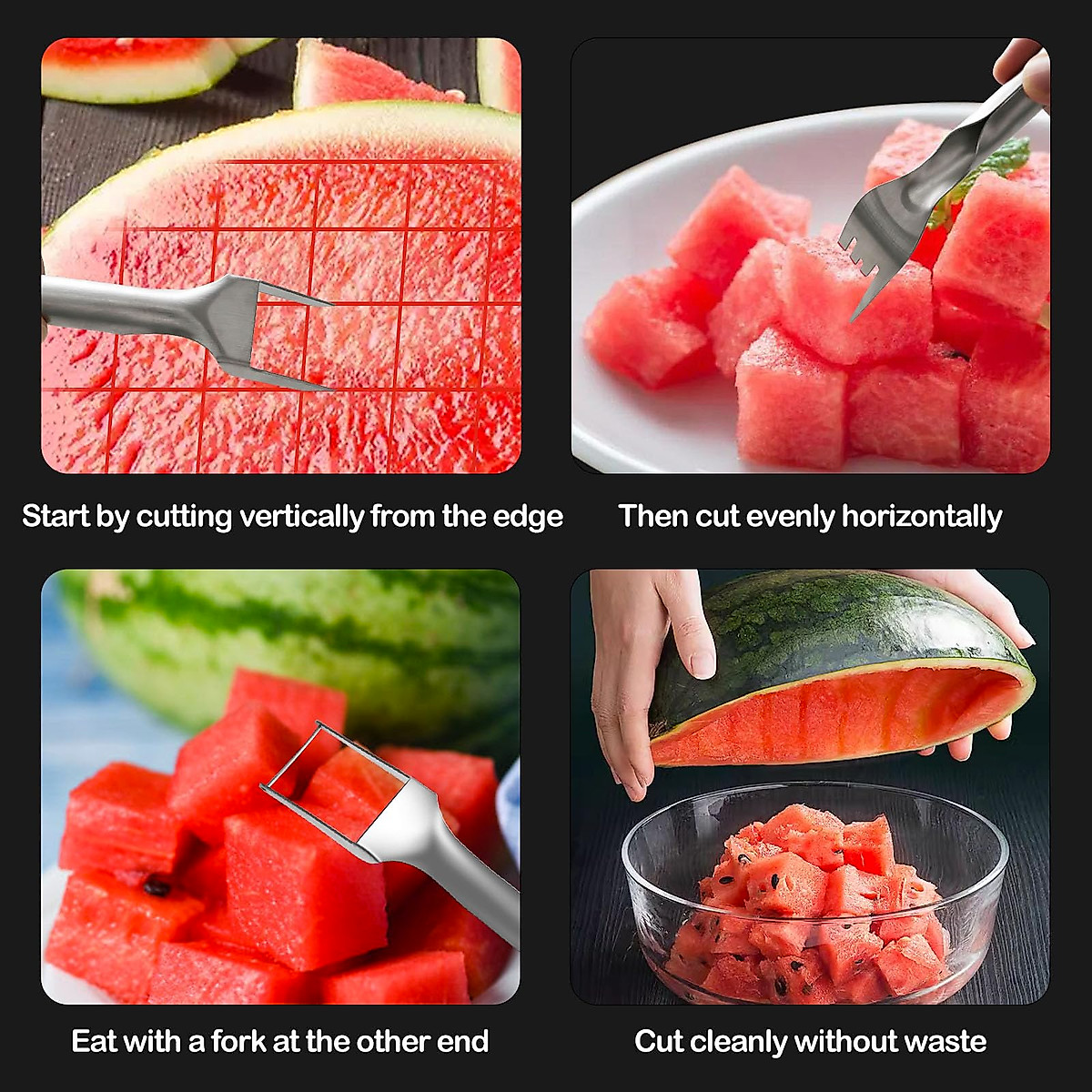 Aphrordity 2 Pcs Watermelon Fork Slicer Cutter, Stainless Steel Watermelon Slicer Cutter 2-In-1 Summer Watermelon Fruit Cutting Fork, for Home Party Camping Kitchen Gadget