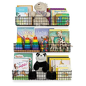 Wall35 Kansas Wall Mounted Black Bookshelf for Kids' Room Decor, Metal Wire Storage Basket Set of 3 (Varying Sizes)