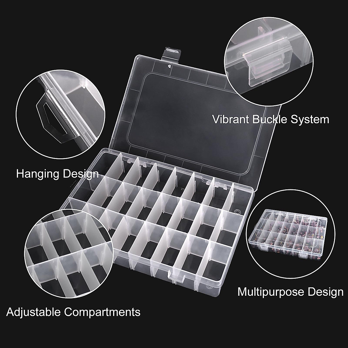 2 Pack 24 Grids Clear Plastic Organizer Box, Storage Container with Adjustable Divider, Craft and Bead Storage Organizer Box for DIY Crafts Jewelry Fishing Tackles with 1 Sheets Label Stickers