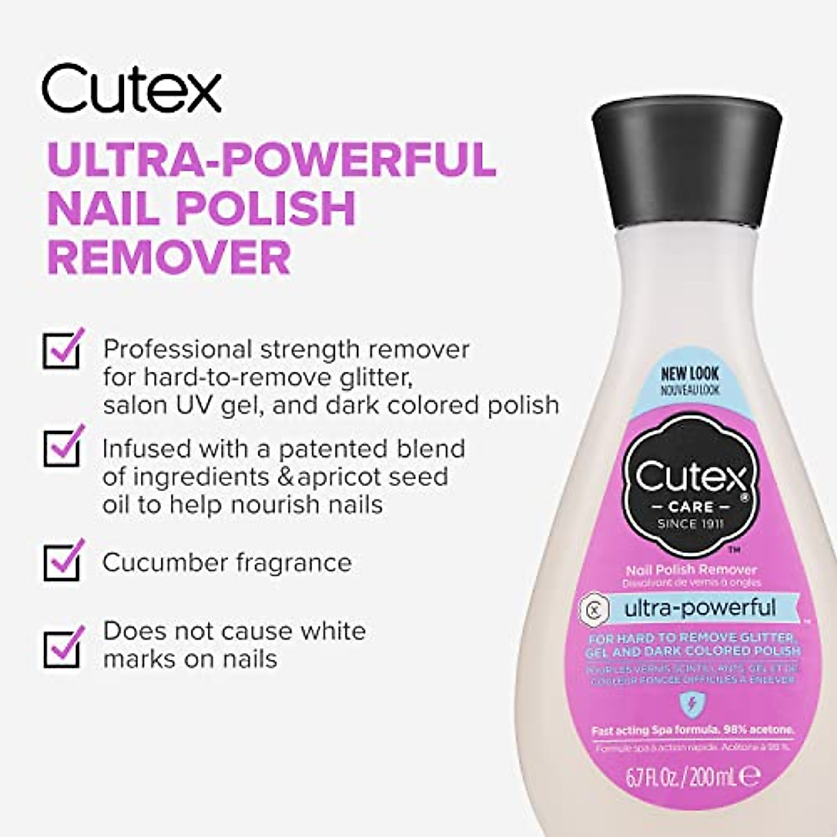 Gel Nail Polish Remover by Cutex, Ultra-Powerful & Removes Glitter and Dark Colored Paints, Paraben Free, 6.76 Fl Oz