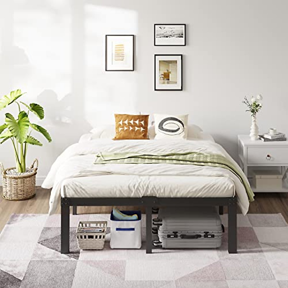 Gdduck 18 Inch Queen Size Bed Frame Platform Metal Bed Frame with Storage，Sturdy Steel Frame No Box Spring Needed,Black Frame Heavy Duty Noise-Free,Easy Assembly，Support up to 3500lbs