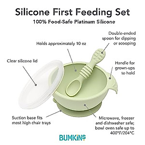 Bumkins Baby Bowl, Silicone Feeding Set with Suction for Baby and Toddler, Includes Spoon and Lid, First Feeding Set, Training Essentials for Baby Led Weaning for Babies 4 Months Up, Sage