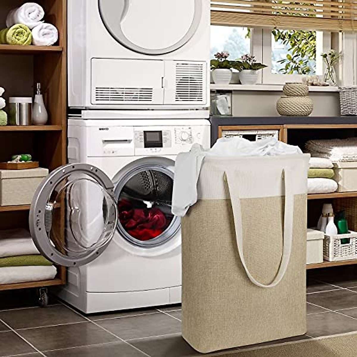 Laundry Hampers Tall Slim Laundry Baskets Thin Foldable Clothes Hamper Narrow Hamper for Laundry Storage Organizer Collapsible Hamper Laundry with White and Brown Imitated Burlap Patchwork,QY-SC24-2