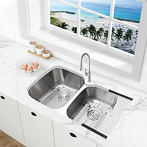 KABCO 32 Inch Big Double Unequal Bowl Stainless Steel Classic Kitchen Sink, Rust Resistant, Sound and Heat Proof 18 Gauge Undermount Sink with Sink Strainers, Sink Grids and rolling up grid