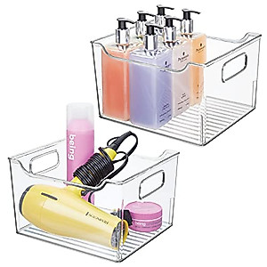 mDesign Large Deep Plastic Storage Bin with Handle for Bathroom/Vanity Organization - Countertop Makeup Organizer - Organization for Shelf, Cabinet, and Closet Decor - Ligne Collection, 2 Pack, Clear