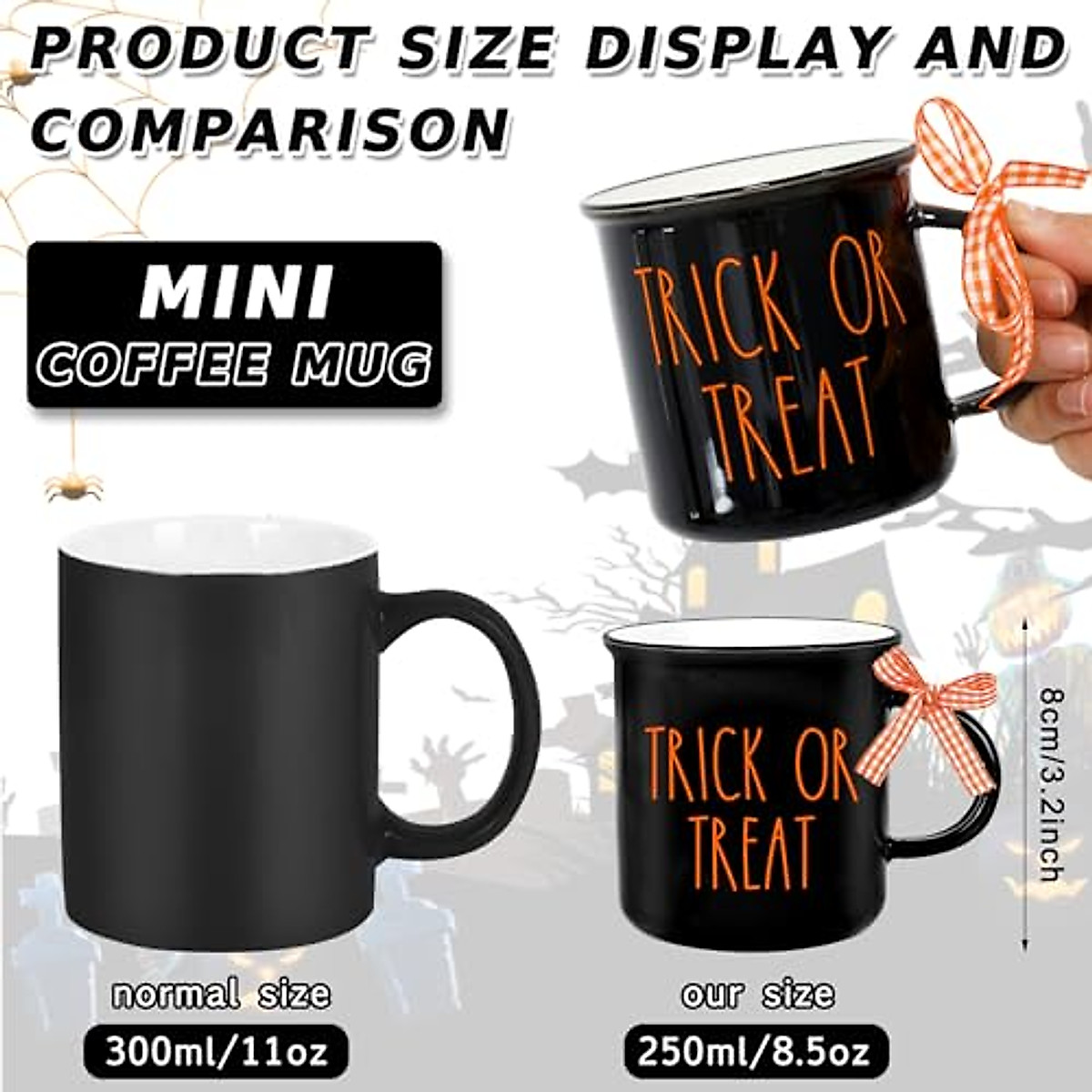 Whaline 6Pcs Halloween Mini Mugs with Plaid Ribbon Pumpkin Bat Mini Coffee Mug Halloween Party Cups for Table Centerpieces Tiered Tray Decor Gifts