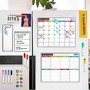 4 Pack Dry Erase 2023 Magnetic White Board Calendar Kit, Feela Monthly Weekly Calendar for Wall Refrigerator, Office Supplies with 8 Magnetic Erase Markers, 1 Eraser, 10 Stickers for Schedule