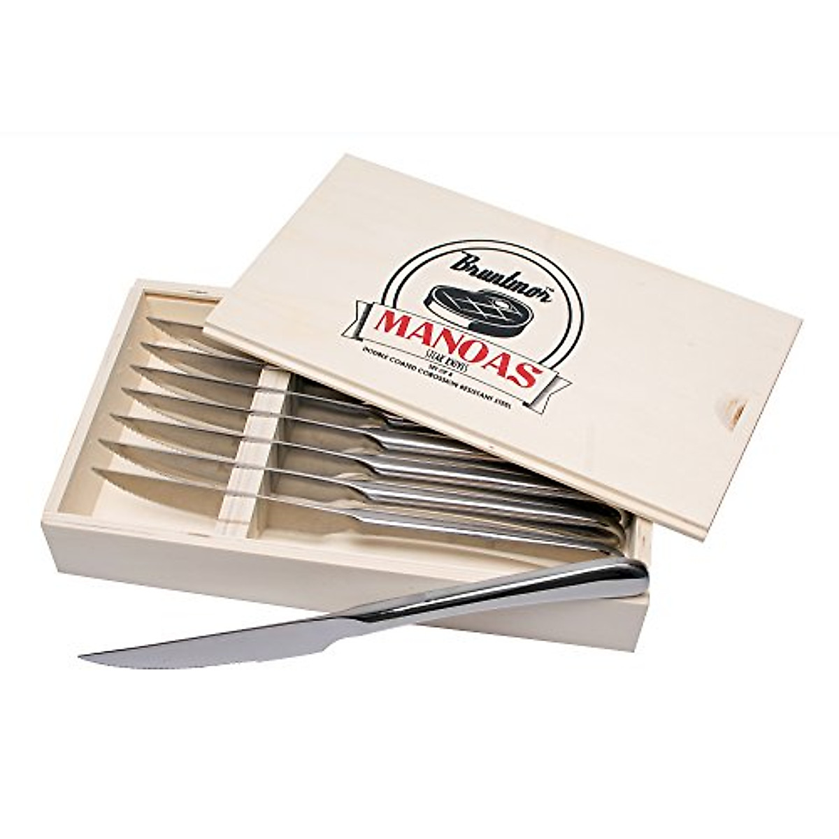 Bruntmor, ALBA Gourmet Stainless Steel 8-piece Steak Knife set with Full Tang Blades, Wooden Gift Box