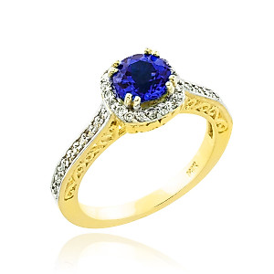 14k Yellow Gold Diamond Halo September Birthstone Band Blue Sapphire Engagement Ring (1.24 cttw, SI1-SI2 Clarity, G-H Color)