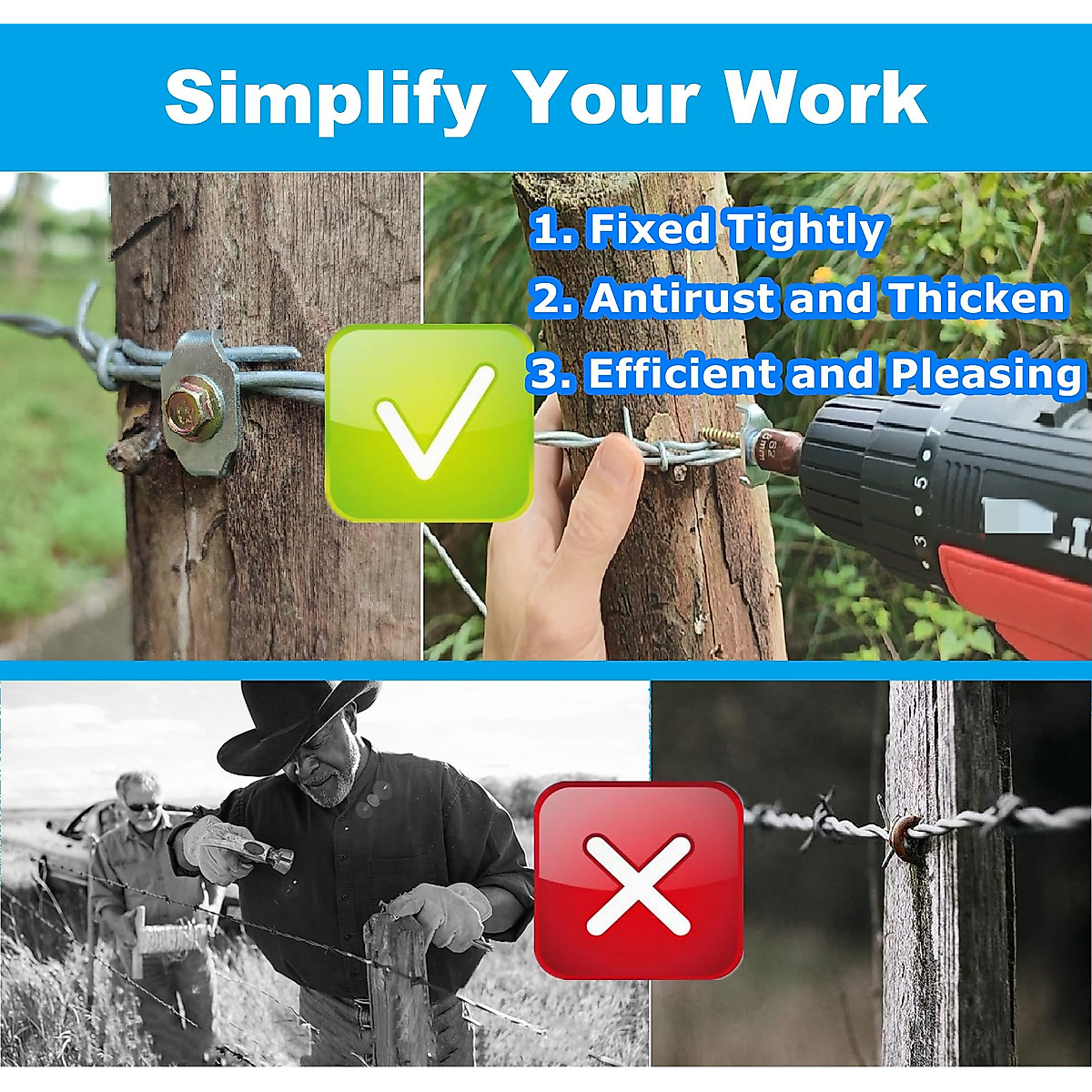 Bytcew Wire Wood Fencing Fasteners Staple, 60 Pcs Fence Nails Clips Post Screw for Wire Mesh and Woven Fencing, Quickly Install with Power Drill