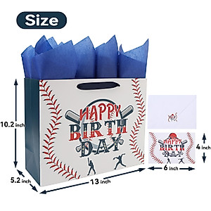 13” Large Baseball Happy Birthday Gift Bag Set with Handles, Greeting Card, Tissue Papers and Stickers for Boys Kids Teens, Sport Themed Birthday Design, 1 Pcs
