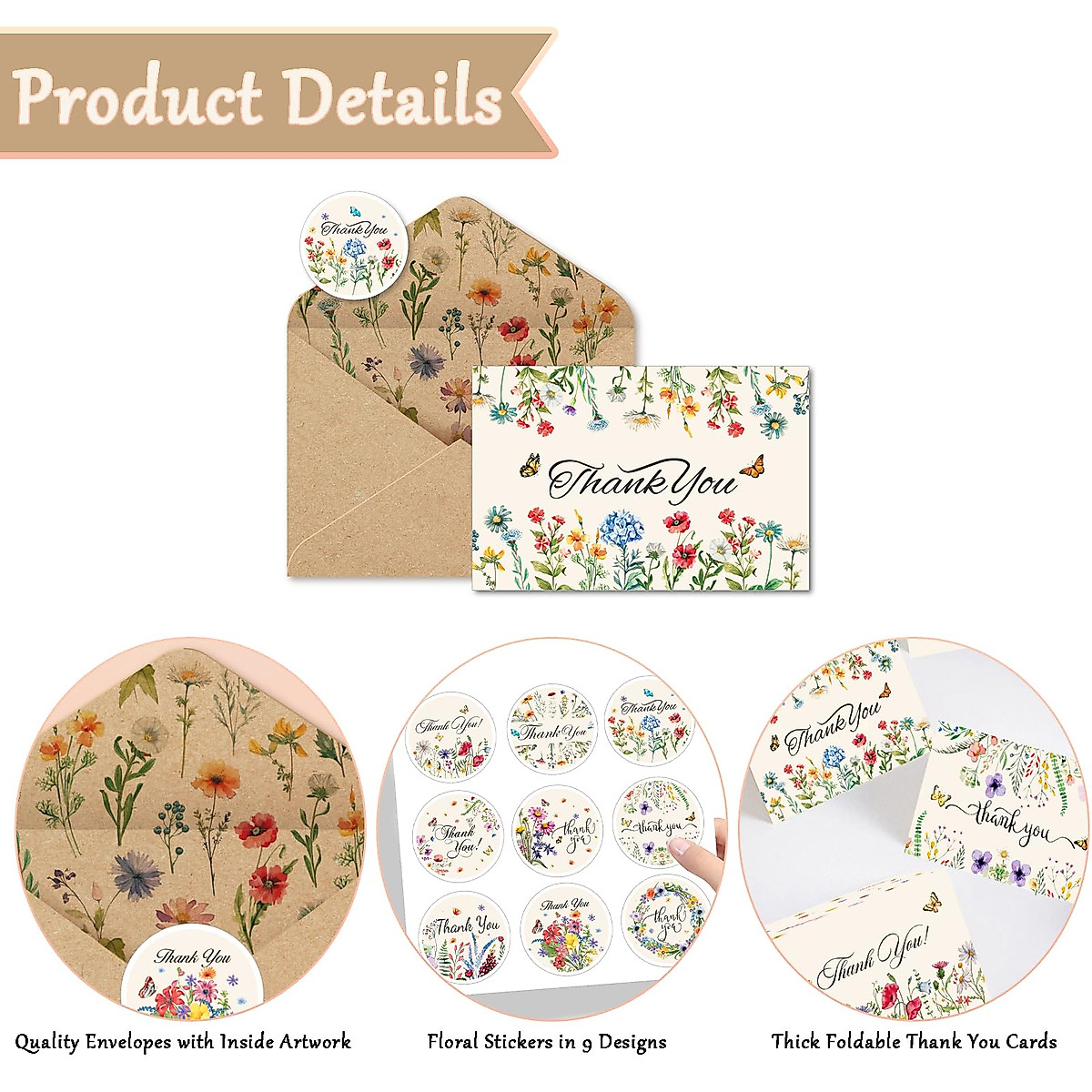Savgkoyt 75 Pack Wildflower Thank You Cards with Envelopes and Stickers Thank You Notes with Envelopes Set Bulk Vintage Flower Greeting Cards with Kraft Envelope Sticker for Wedding Bridal Showers Baby Showers