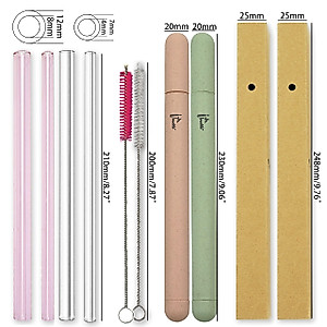 Ipretti 2 Packs Reusable Glass Drinking Boba Smoothie Straws with Wheat Straw Portable Cases,Cleaning Brushes,7mm/12mm x 8.27",Bubble Tea (Clear+Pink)