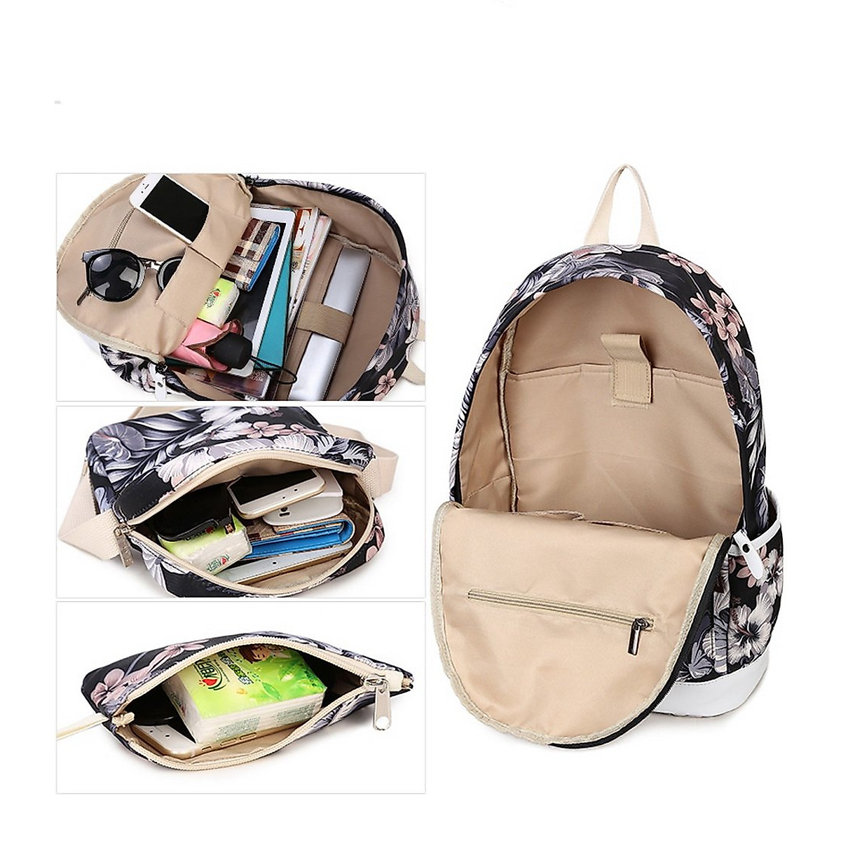 Joymoze School Backpack for Girl Cute Backpack Set 3 Pieces for Women Floral