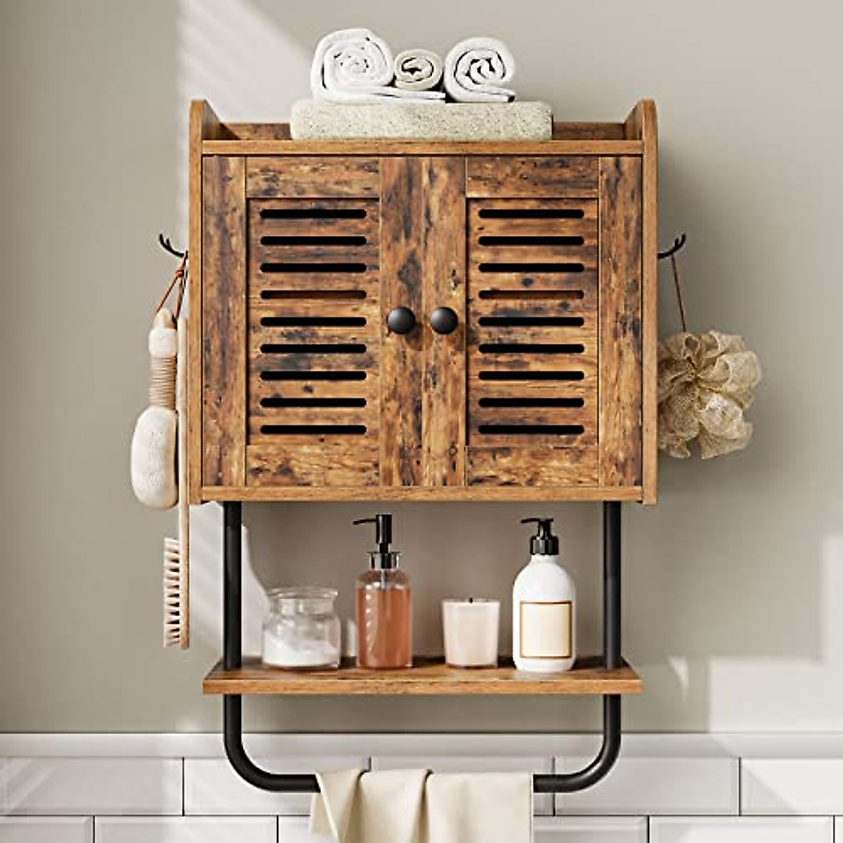 HOOBRO Medicine Cabinet, Double Doors Bathroom Wall Cabinet with Towel Bar, Adjustable Shelf, 2 Hooks, Over The Toilet Storage Cabinet, for Bedroom, Kitchen, Rustic Brown BF46CW01