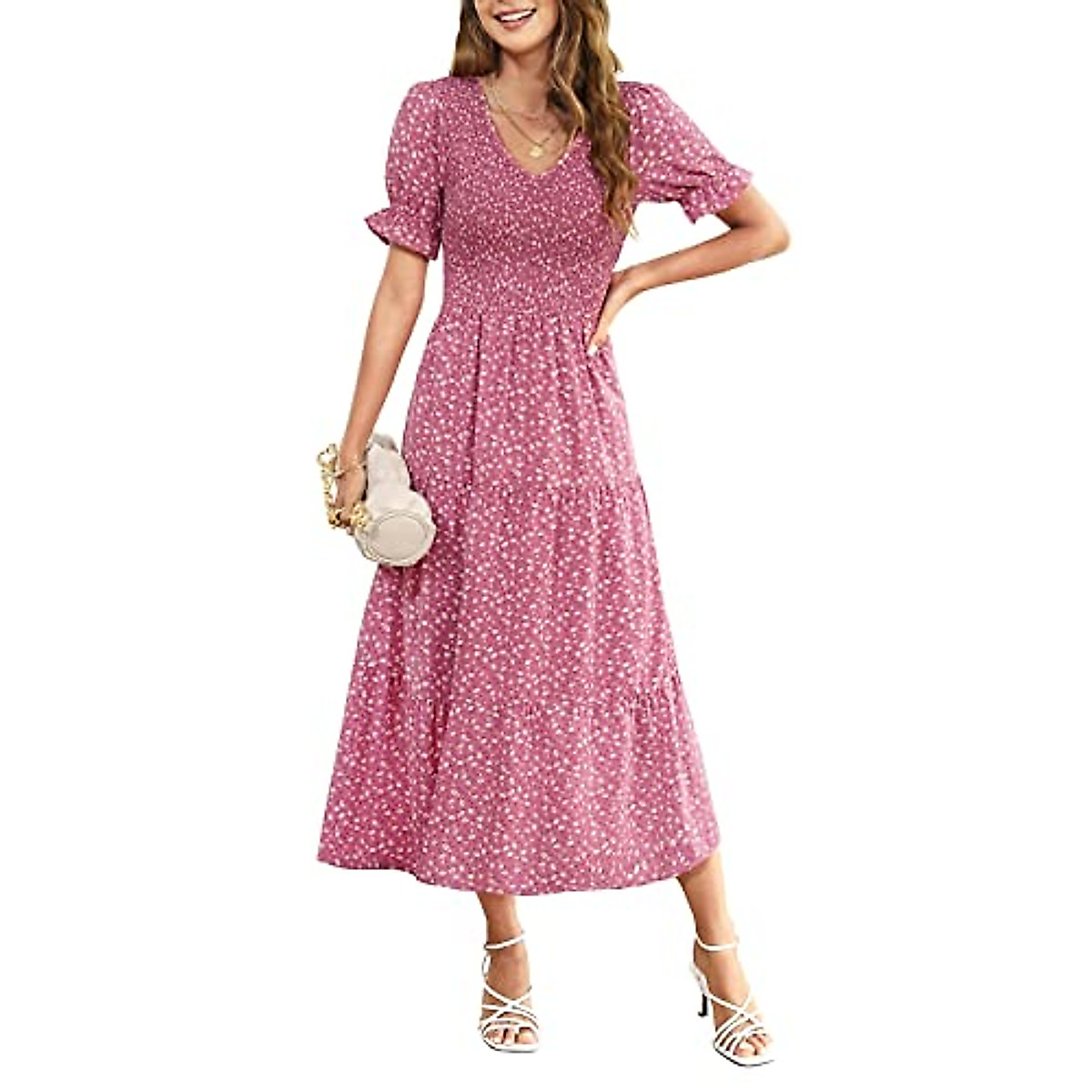 Kranda V Neck Short Puff Sleeve Smocked Ruffle Floral Midi Dress Dusty Rose XS