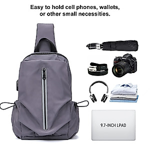 Crossbody Bag for Men Small Sling Backpack Shoulder Bag for Men Women,Waterproof Chest Bag with USB Charging Port Lightweight Casual Daypack,Hiking,Walking,Travel, Biking, Work, Gym, Sport (Grey)