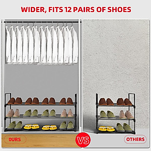 BIWHALE 3-Tier Stackable Shoe Rack, Expandable & Adjustable Fabric Shoe Shelf Storage Organizer, Black