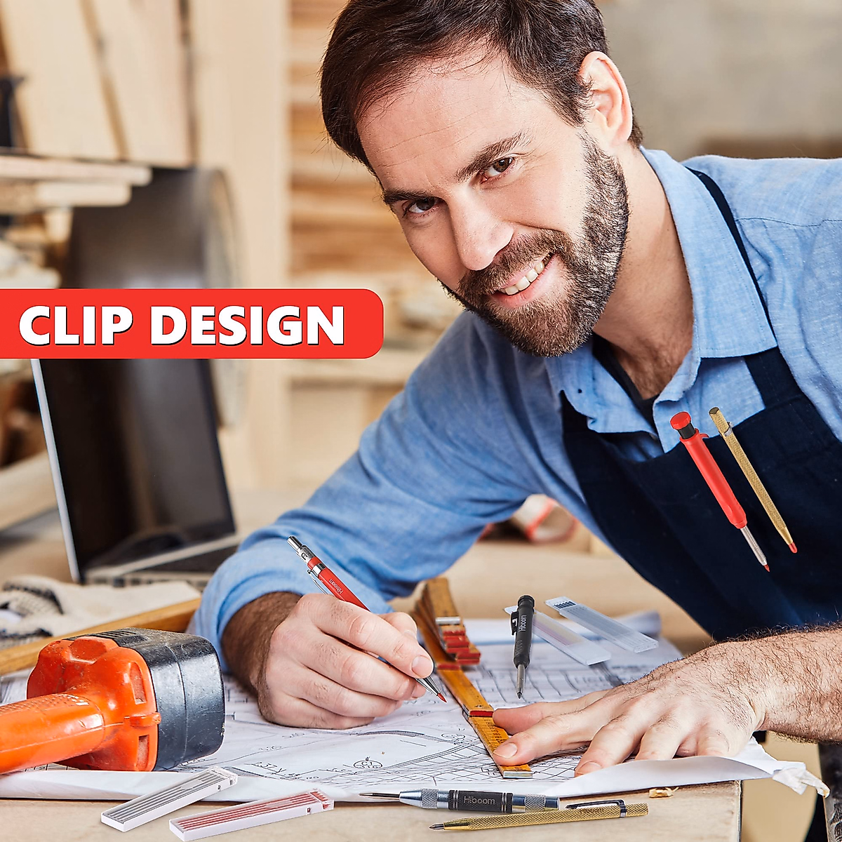 Hiboom 10 Pack Carpenter Pencil Set, 4 Colorful Solid Carpenter Pencils with Sharpener and Refills, Automatic Center Punch, Carbide Scribe Tool Kit for Construction Woodworking