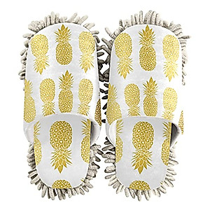 Kigai Microfiber Cleaning Slippers Gold White Pineapples Washable Mop Shoes Slipper for Men/Women House Floor Dust Cleaner, Size M