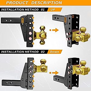 LOCAME Adjustable Trailer Hitch, Tri-Ball (1-7/8", 2", 2-5/16"), Fits 2-Inch Receiver, 6 Inch Drop/Rise Drop Hitch,15000 LBS GTW-Tow Hitch for Heavy Duty Truck, Solid Ball Mount, LC0020