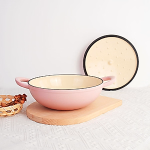 3 Quart Enamel Cast Iron Dutch Oven With Handles And Lid, 3.8 Qt Gradient Pink Cast Iron Skillet, Enamel Shallow Cookware Braising Pan For Casserole Dish, Crock Pot Covered With Cast Iron (3 Quart-Bow