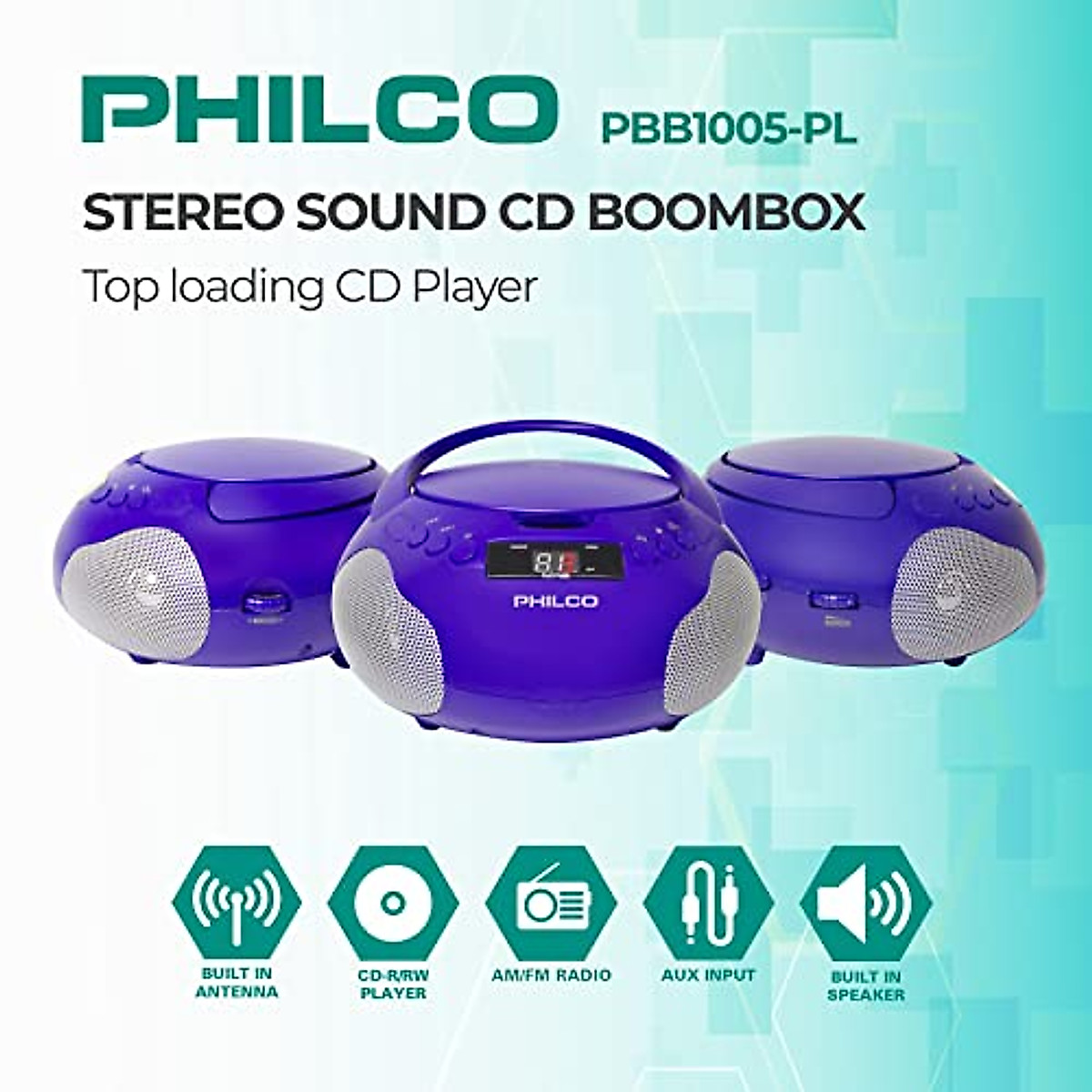 Philco Portable CD Player Boombox with Speakers and AM FM Radio | Purple Boom Box CD Player Compatible with CD-R/CD-RW and Audio CD | 3.5mm Aux Input | Stereo Sound | LED Display | AC/Battery Powered