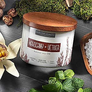 Essential Elements by Candle-lite Scented Candles, Mahogany & Vetiver Leaf Fragrance, One 14.75 oz. Three-Wick Aromatherapy Candle with 45 Hours of Burn Time, Off-White Color