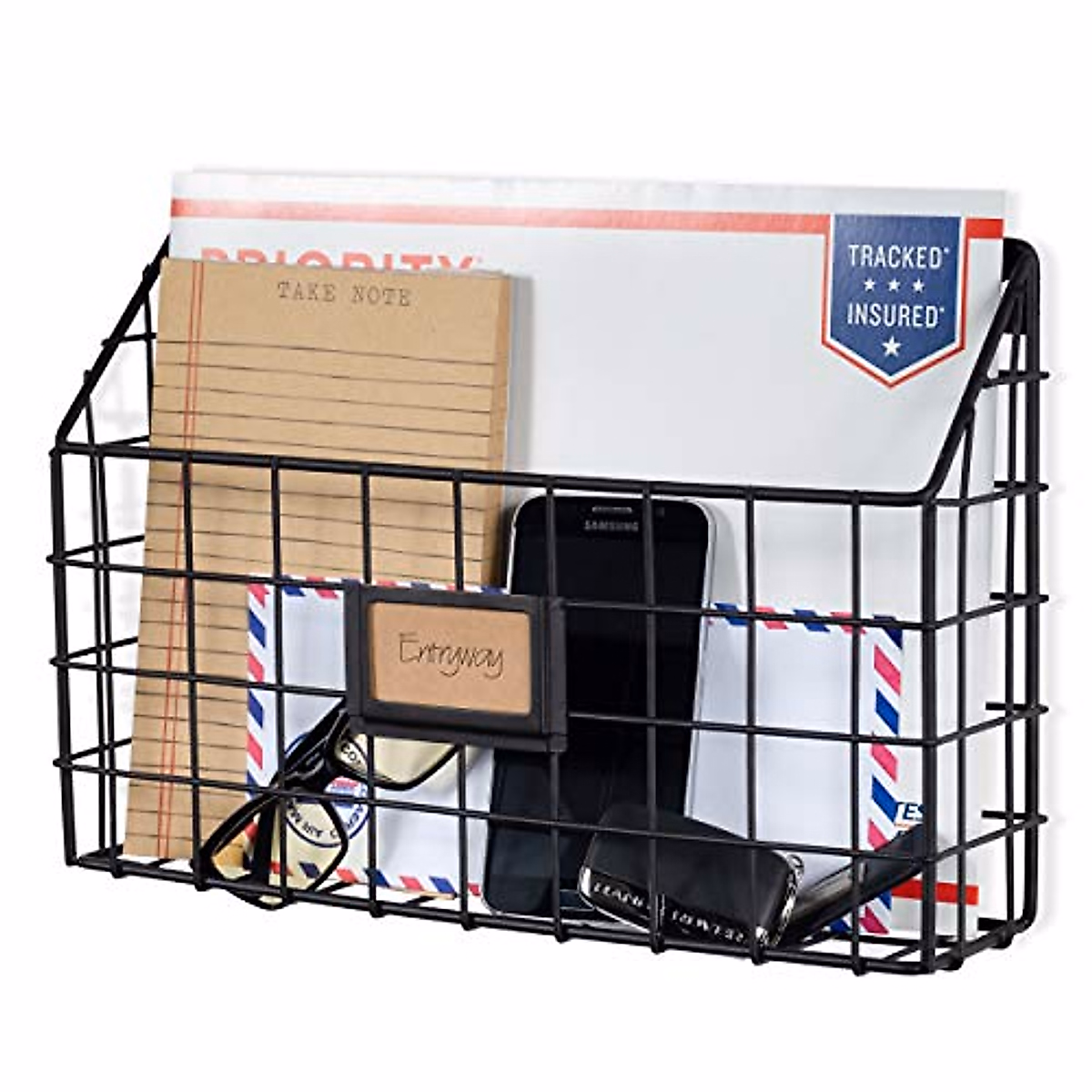Wall35 Rivista File Holder Home Office Desk Organizer, Wall Mounted Wide Chicken Wire Mail Organizer and Magazine Holder, Metal, Black