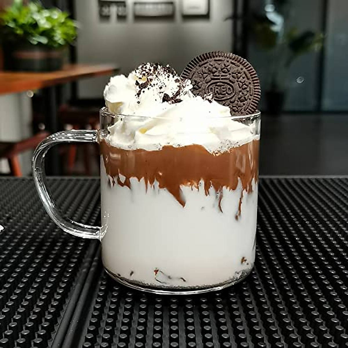 LUXU Glass Coffee Mugs Set of 4,Large Wide Mouth Mocha Hot Beverage Mugs (14oz),Clear Espresso Cups with Handle,Lead-Free Drinking Glassware,Perfect for Latte,Cappuccino,Hot Chocolate,Tea and Juice